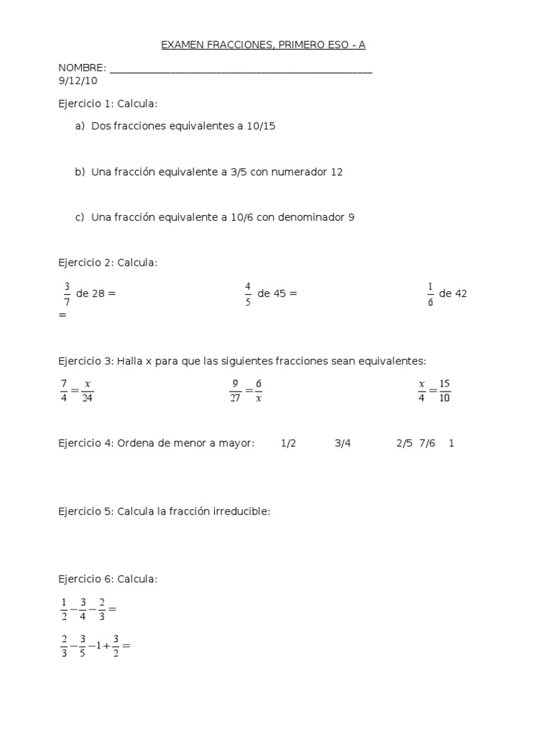Examen Fracciones | PDF | Fracción (Matemáticas) | Álgebra abstracta