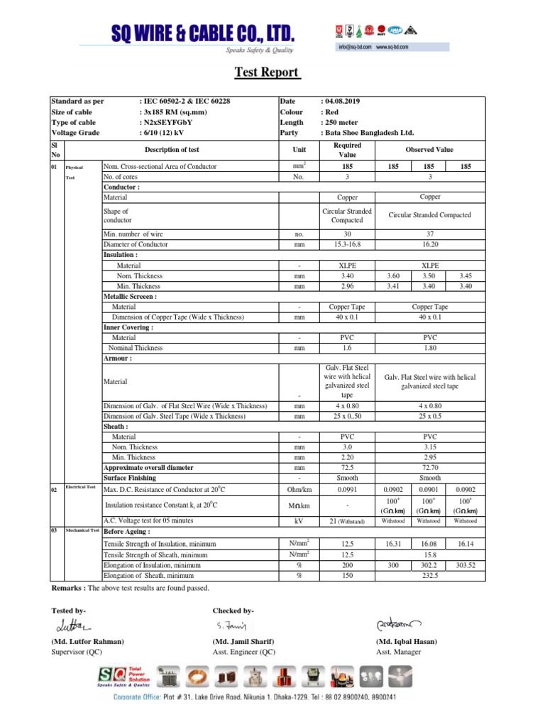 3X185 RM HT (Test Report) | PDF | Wire | Electrical Conductor