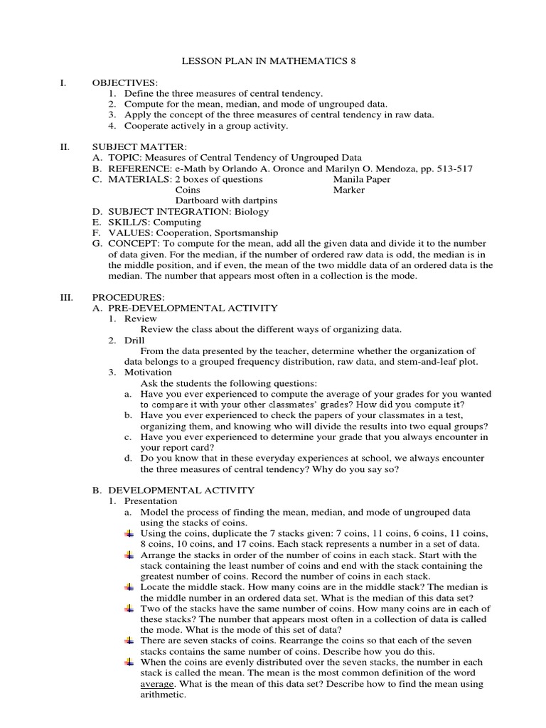 Central Tendency Lesson Plan for 8th Grade | PDF | Mean | Mode (Statistics)
