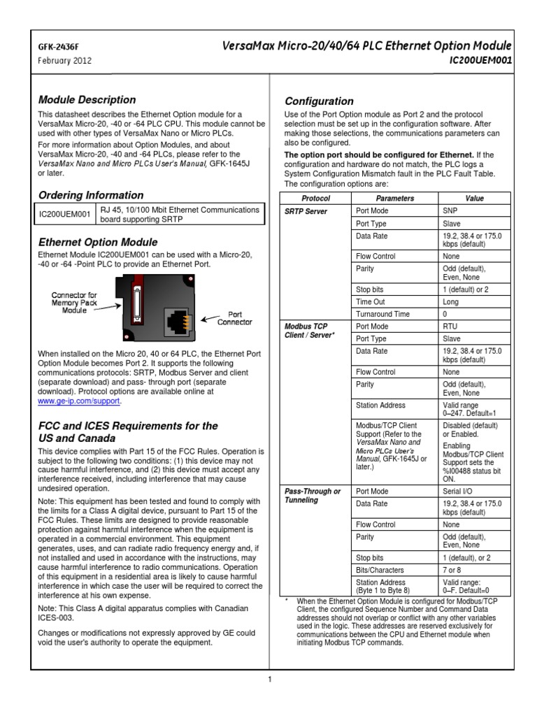 VersaMax Micro-20 - 40 - 64 PLC Ethernet Option Module, GFK-2436F | PDF ...