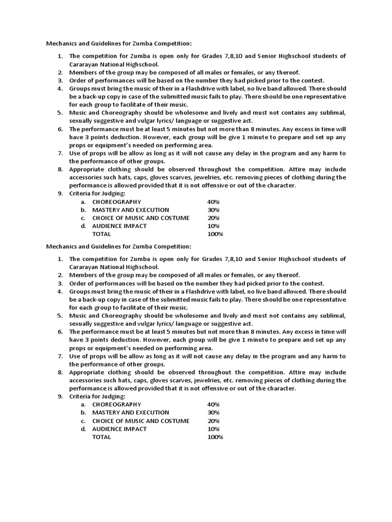 Zumba Competition Mechanics and Guidelines | PDF | Clothing