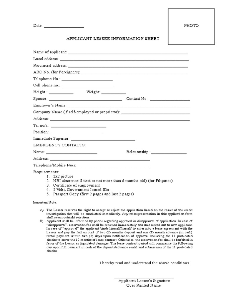 Lessee Information Application Form | PDF | Lease | Common Law