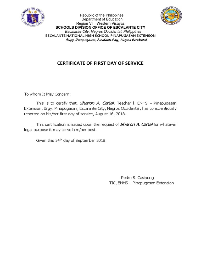 Certificate of First Day of Service for Teacher Sharon A. Cañal | PDF