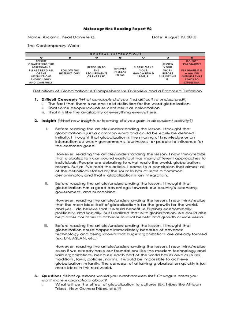 Metacognitive Reading Report | PDF