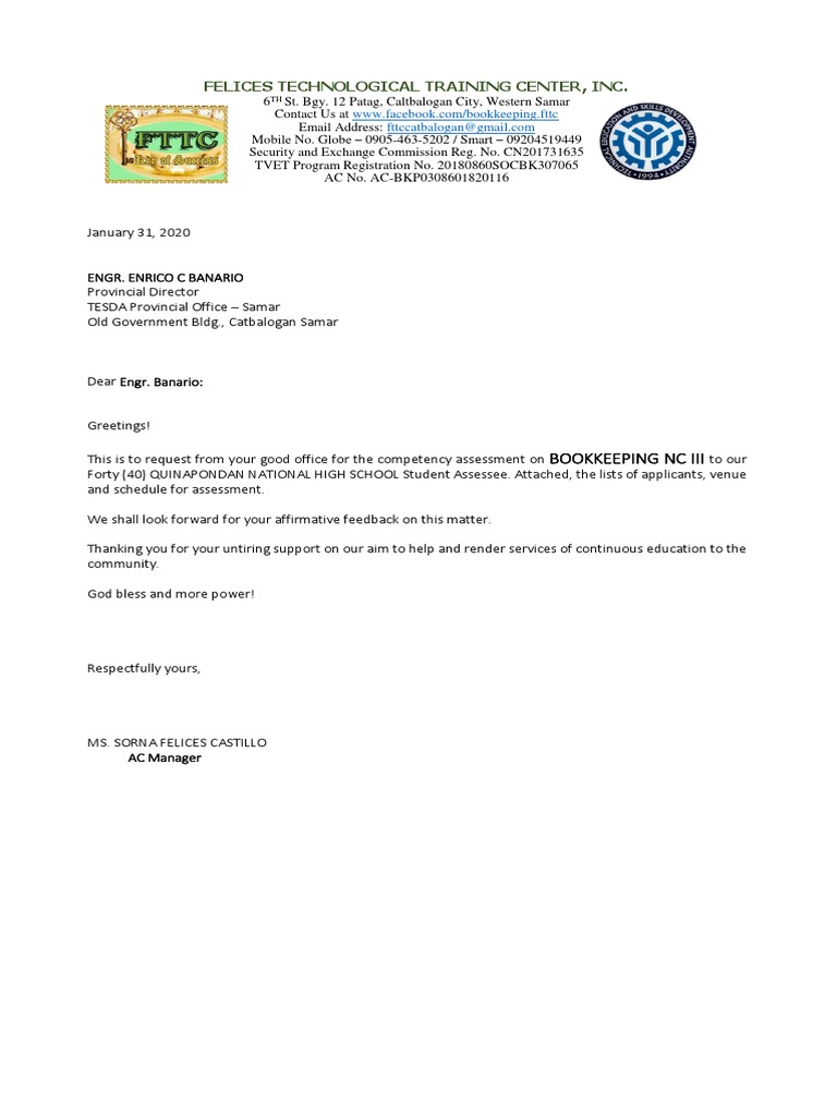 Letter Request For Assessment Schedule | PDF | Business