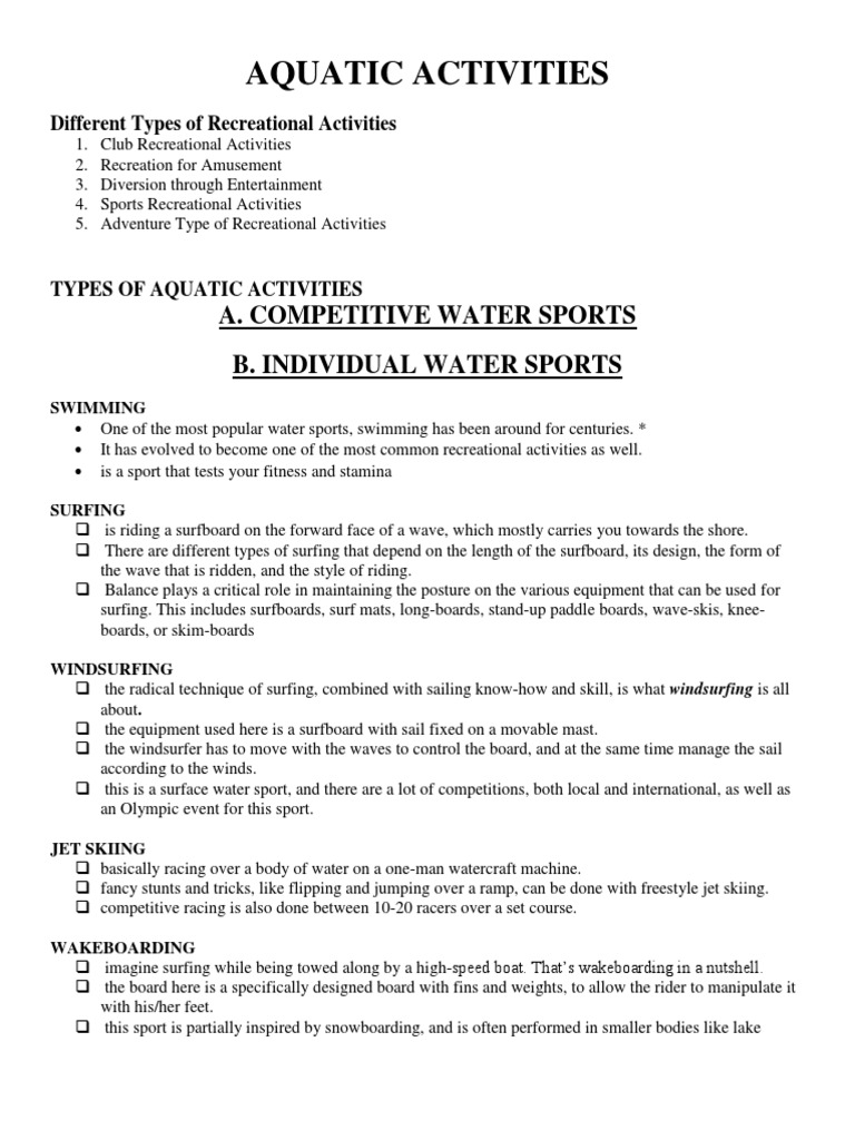 Types of Aquatic Recreational Activities | PDF