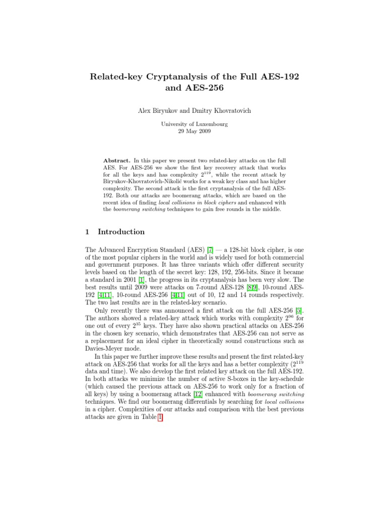 Related-Key Cryptanalysis of The Full AES-192 and AES-256 | PDF