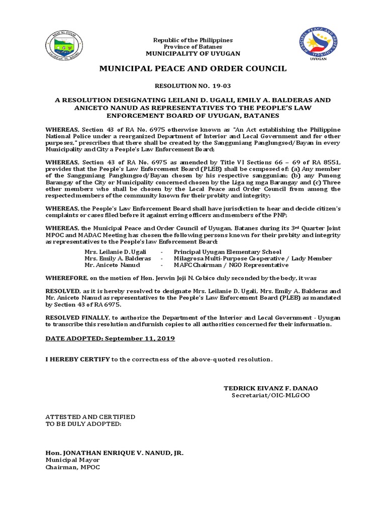 MPOC Resolution for PLEB Representatives | PDF