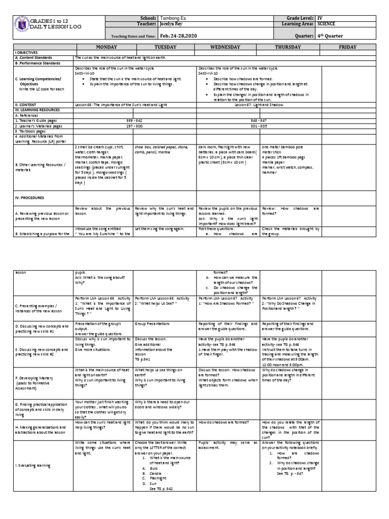 Grade 4 DLL SCIENCE 4 Q4 Week 6 | PDF