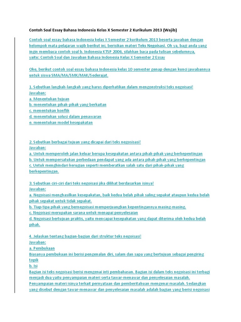 Soal Essay Bahasa Indonesia Kelas 10 | PDF