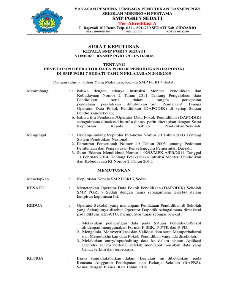 SK Operator DAPODIK Sekolah | PDF