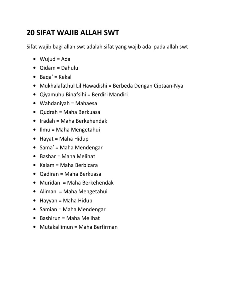 20 Sifat Wajib Allah SWT | PDF