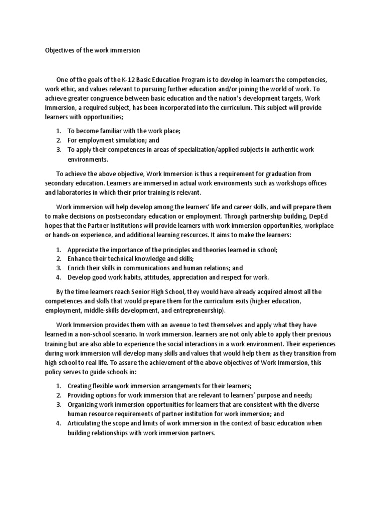 Objectives of The Work Immersion | PDF