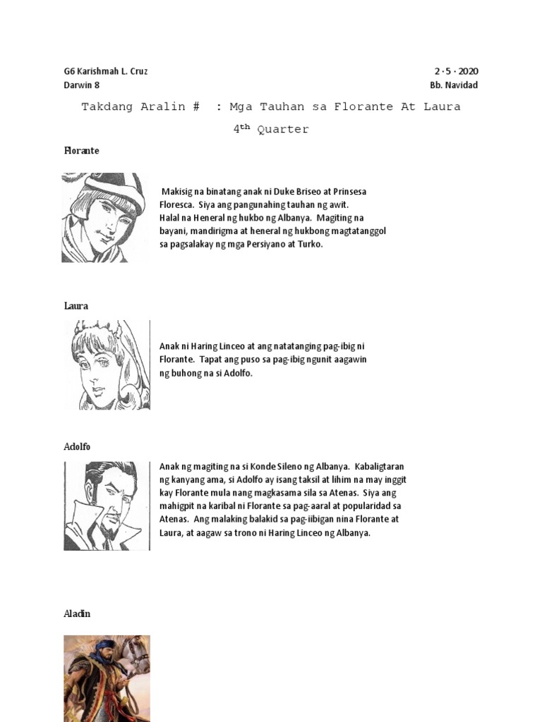 Florante at Laura Characters HW | PDF