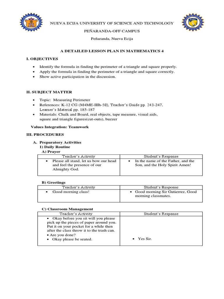 STANDARDIZED DETAILED LESSON PLAN Perimeter