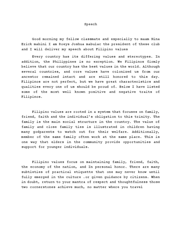 Speech of Filipino Values | PDF