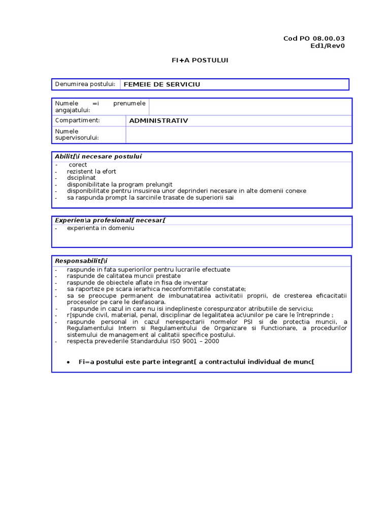Fisa Postului - Femeie de Serviciu | PDF