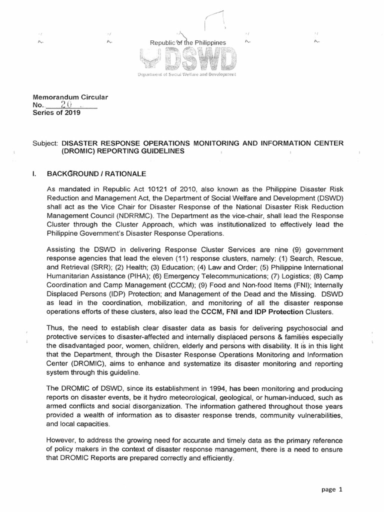 DSWD MC - 2019-020 DROMIC Reporting Guidelines PDF | PDF