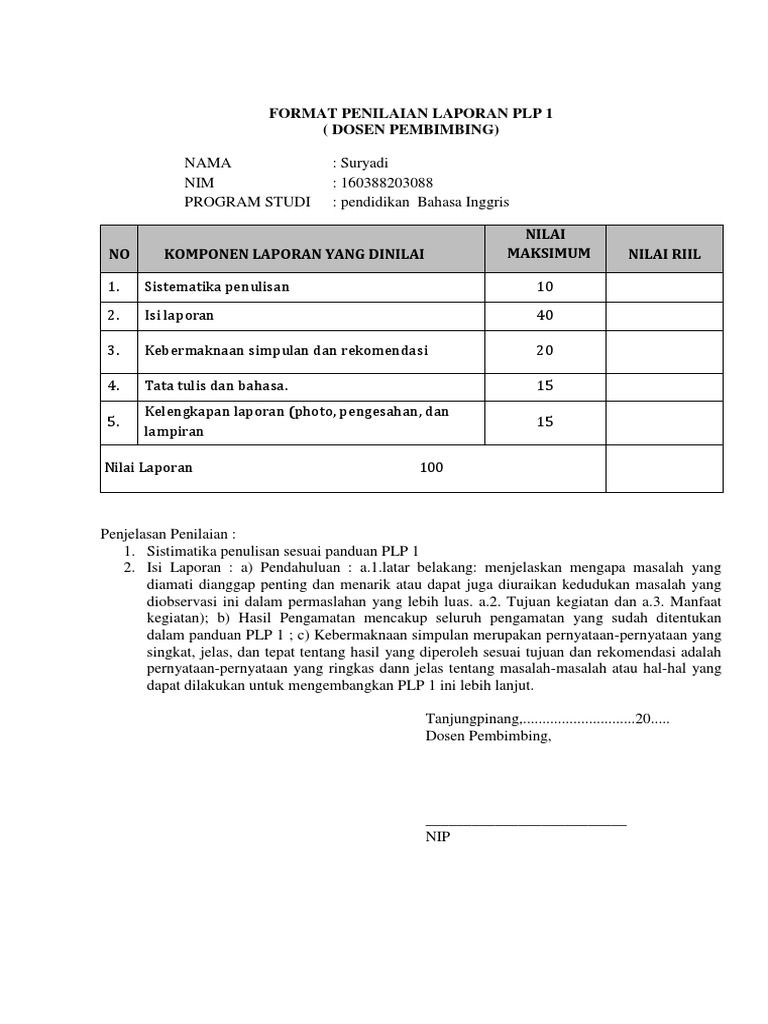 Penilaian Laporan PLP 1 Unimed | PDF