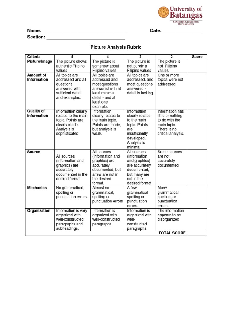 Picture Analysis Rubric for Students | PDF