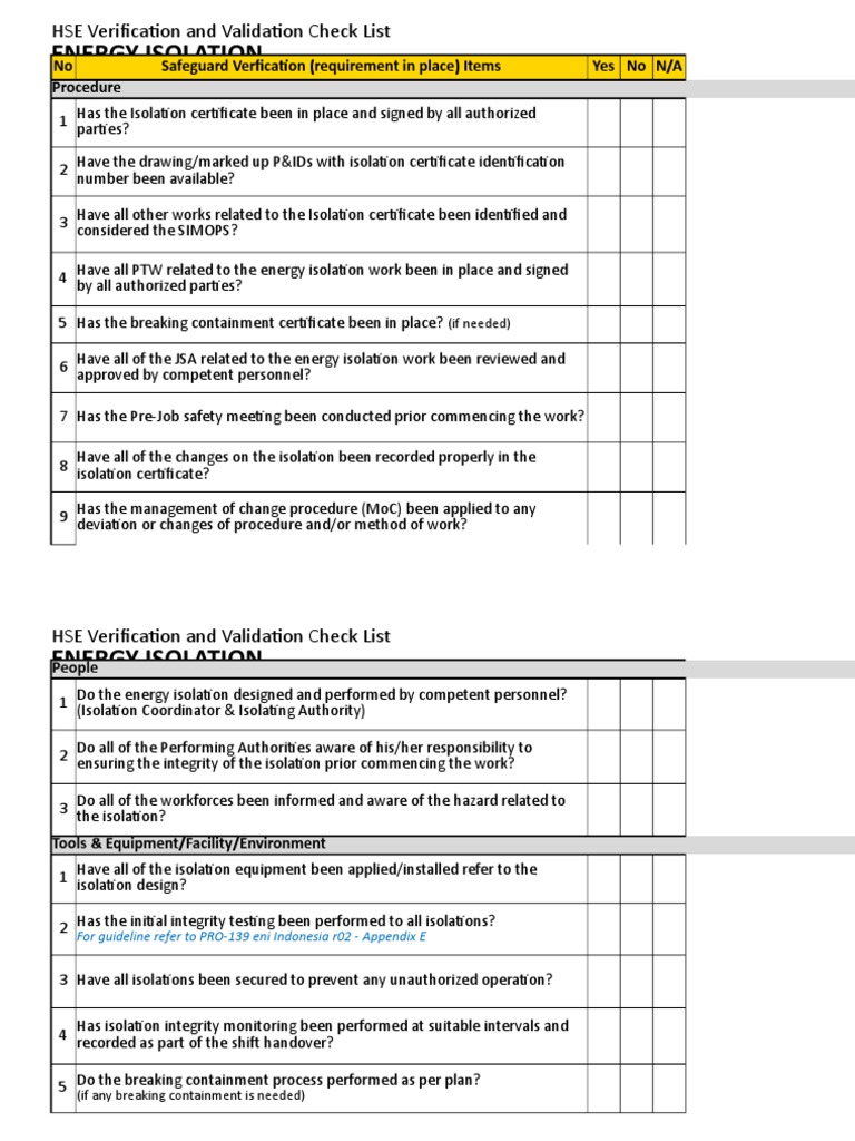 HSE Verification & Validation Checklist - Energy Isolation | PDF ...