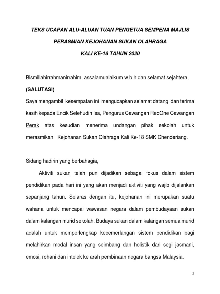 Teks Ucapan Pengetua Kejohanan Sukan Olahraga SMKC 2020 | PDF