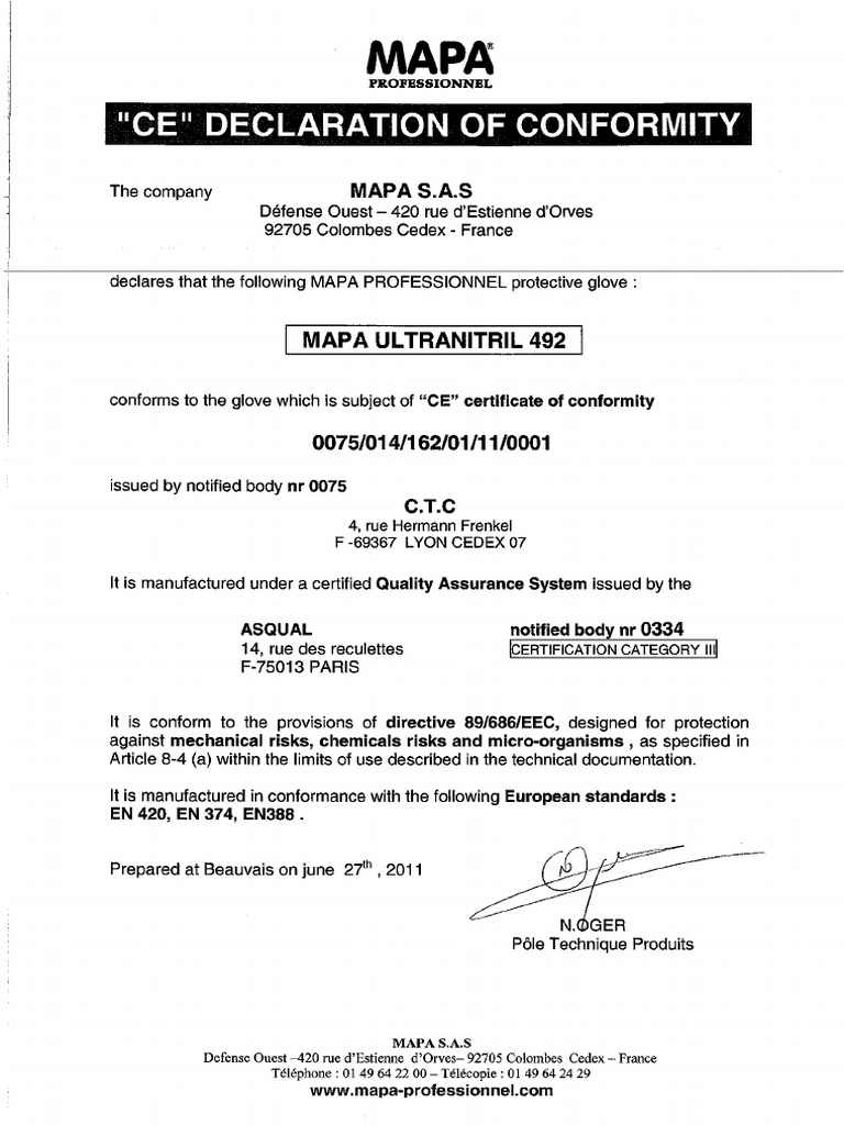 MAPA CE-Certificate Ultranitril-492 Gb-En PDF | PDF