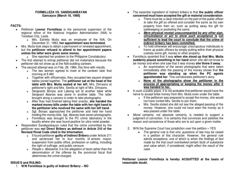 Formilleza Acquitted of Indirect Bribery | PDF