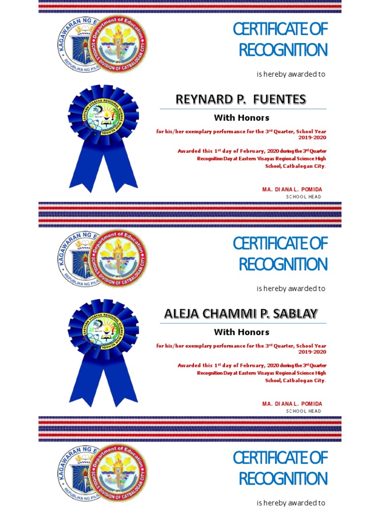 Certificate Of Recognition 3rd Grading Template Pdf