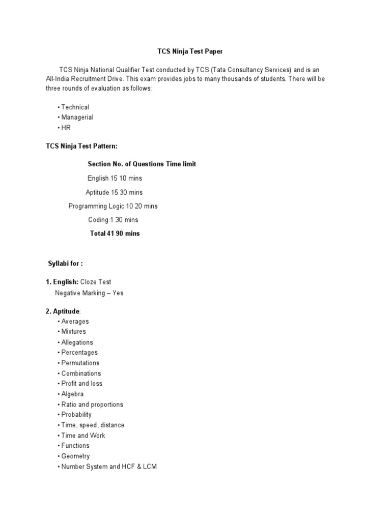 TCS Ninja Mock Paper - 4 | PDF TCS Ninja Mock Paper - 4 | PDF