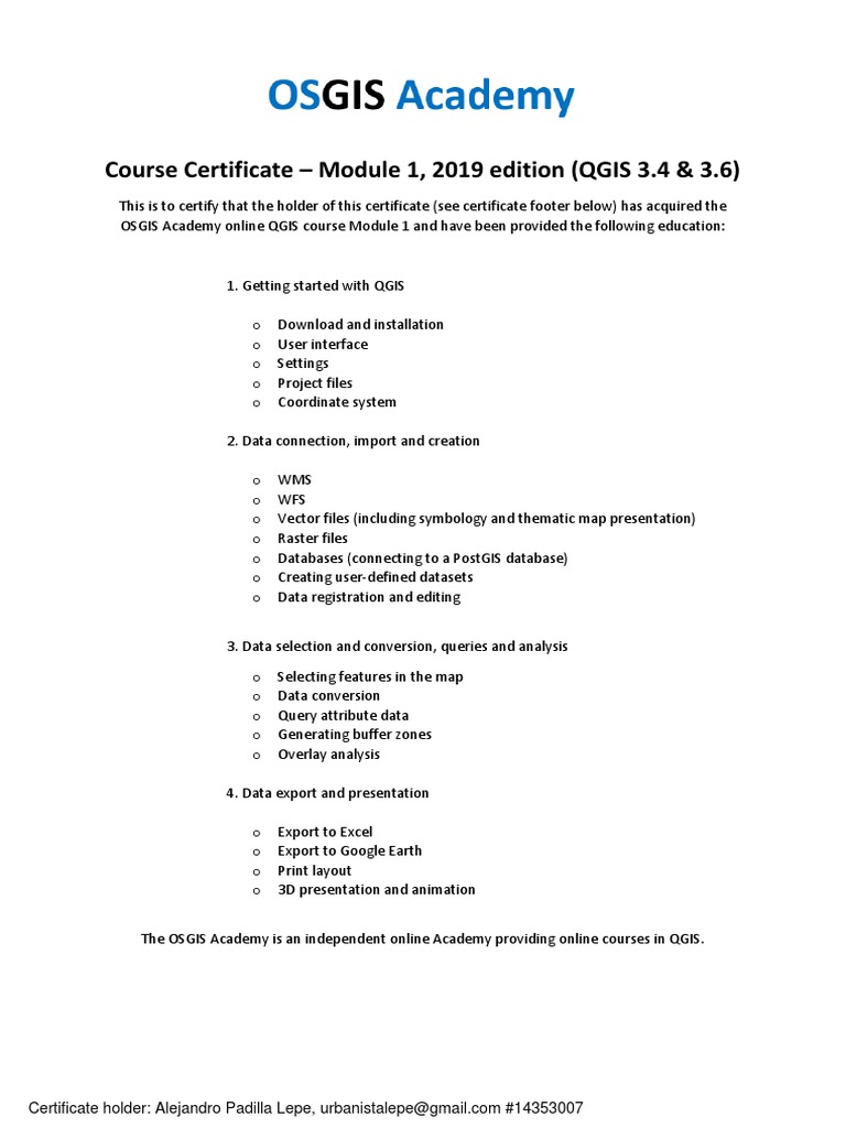 OSGIS Academy QGIS Course Module 1 - Course Certificate | PDF