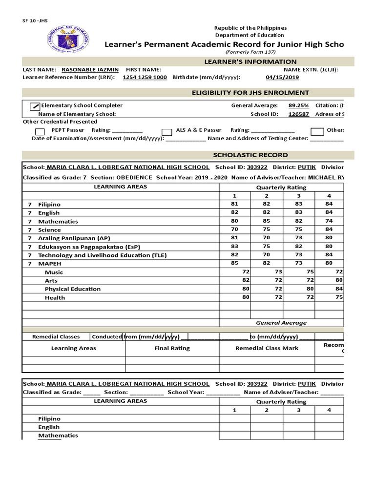 School Form 10 SF10 Learners Permanent Academic Record For Junior High ...