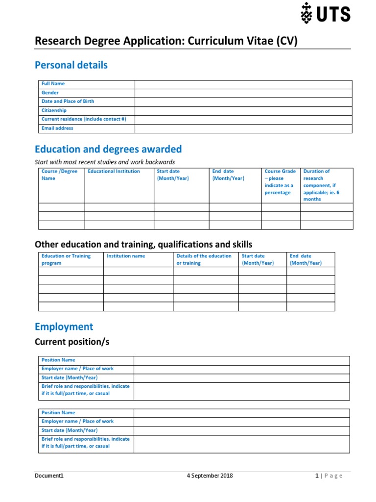 Uts Grs Research Degree Application CV Template | PDF