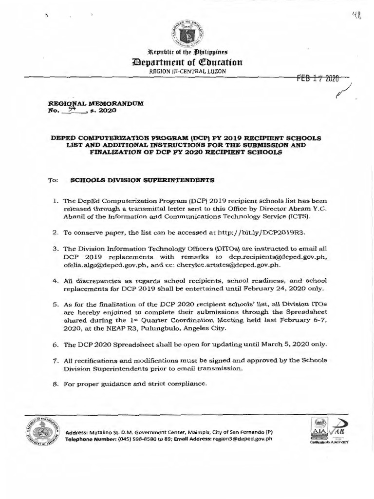 Instructions for Finalizing the DepEd Computerization Program 2020 ...