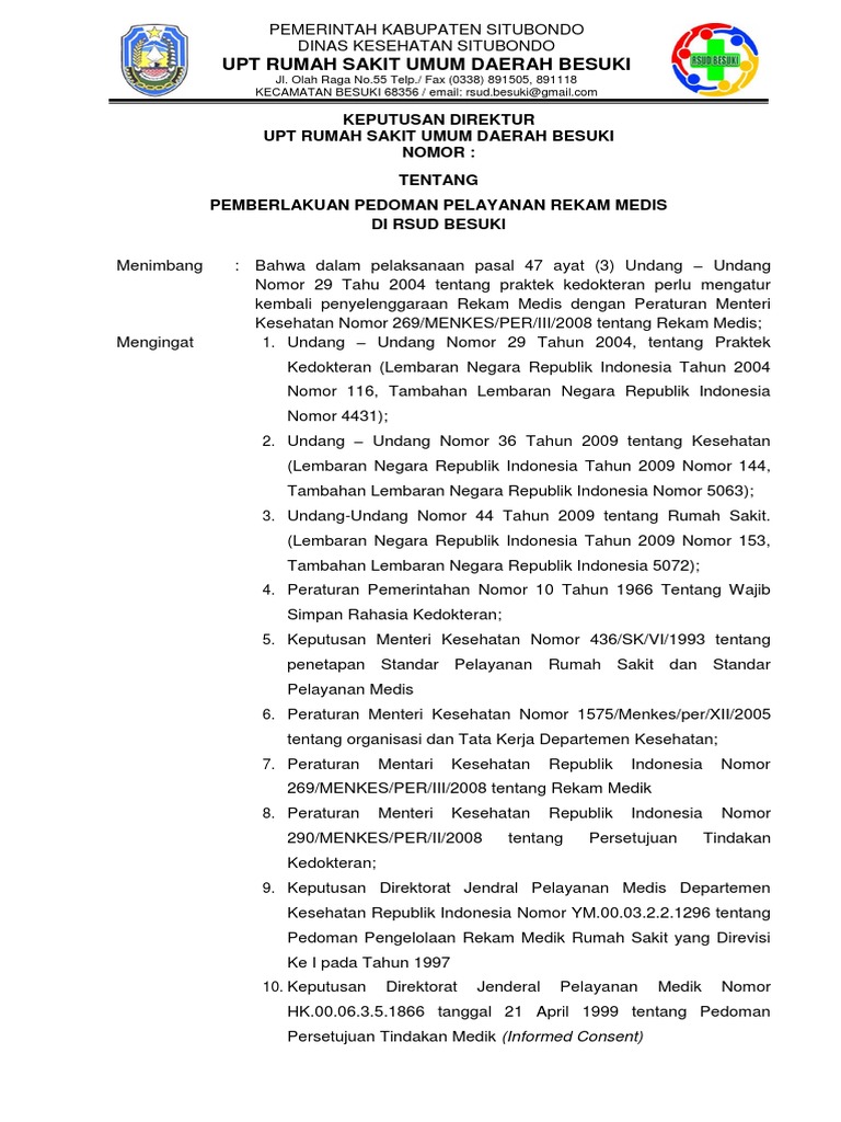 SK Pemberlakuan Pedoman Pelayanan RM | PDF