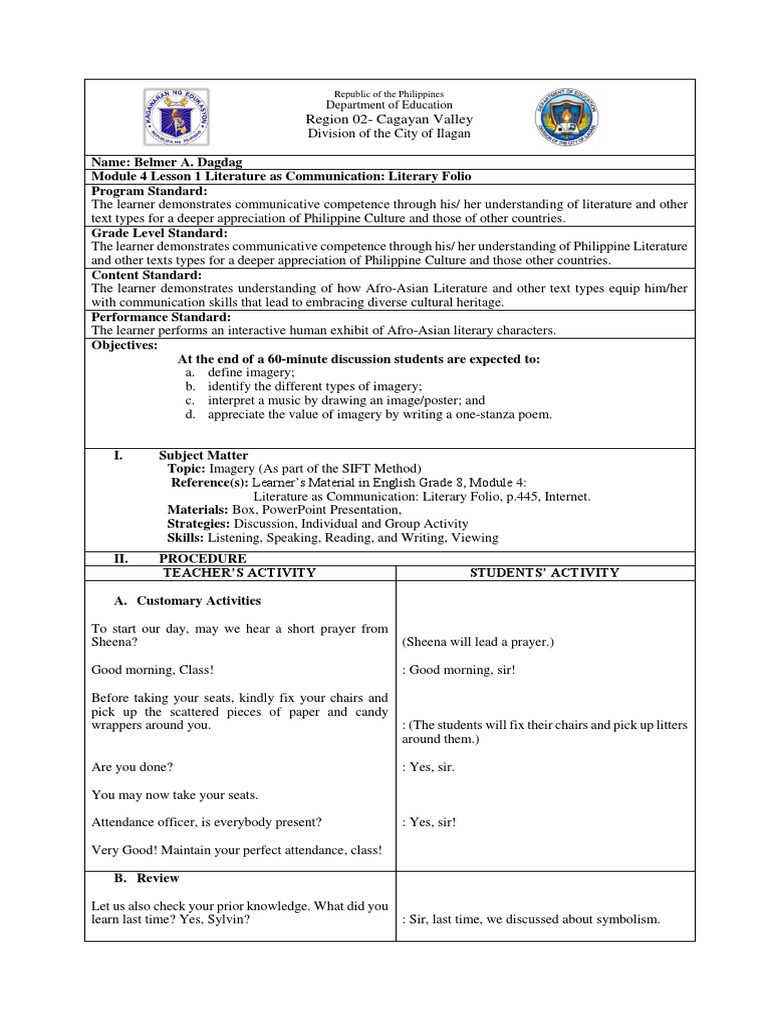 Detailed Lesson Plan in English Imagery | PDF