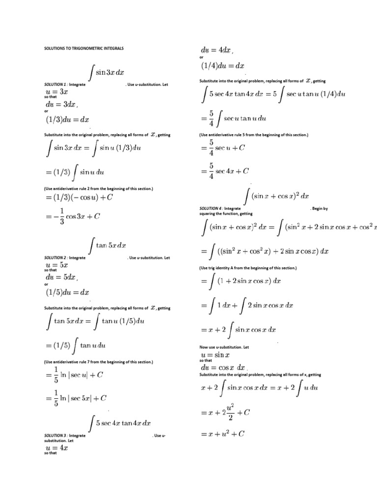 Trigonometric Integrals Solutions | PDF