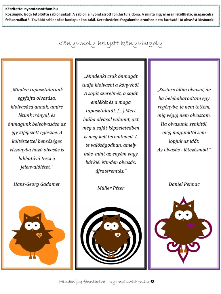 Bagoly Könyvjelző Sablon ingyen nyomtatható 2 | PDF