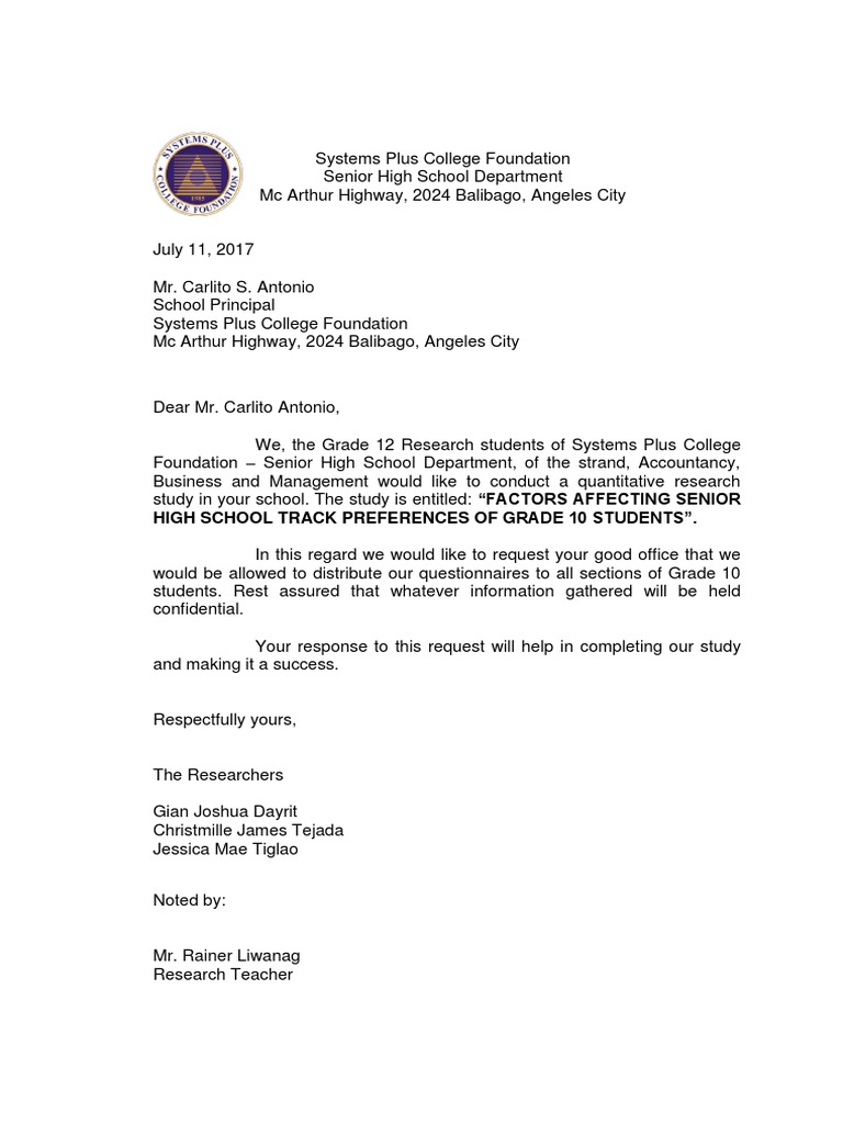 Letter For The Principal | PDF