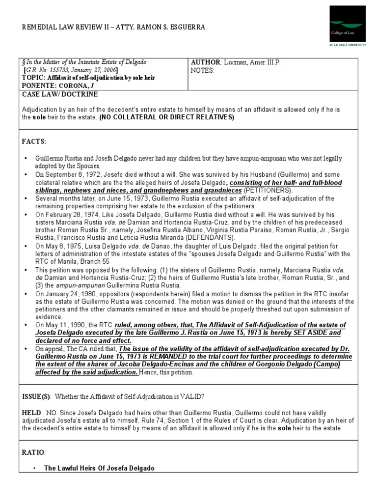 Affidavit of Self-Adjudication by Sole Heir | PDF | Intestacy | Inheritance