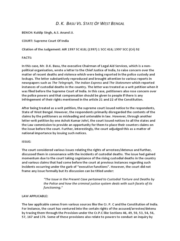 Case Note DK Basu | PDF | Arrest | Detention (Imprisonment)