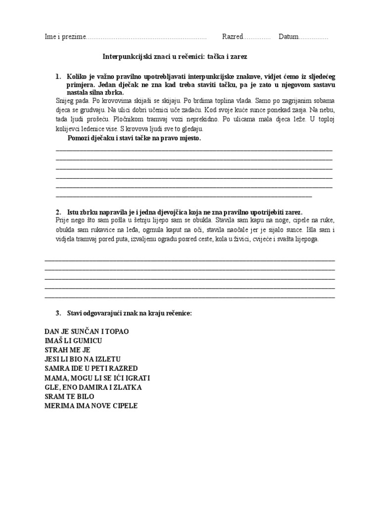 Tačka I Zarez Nastavni Listić | PDF