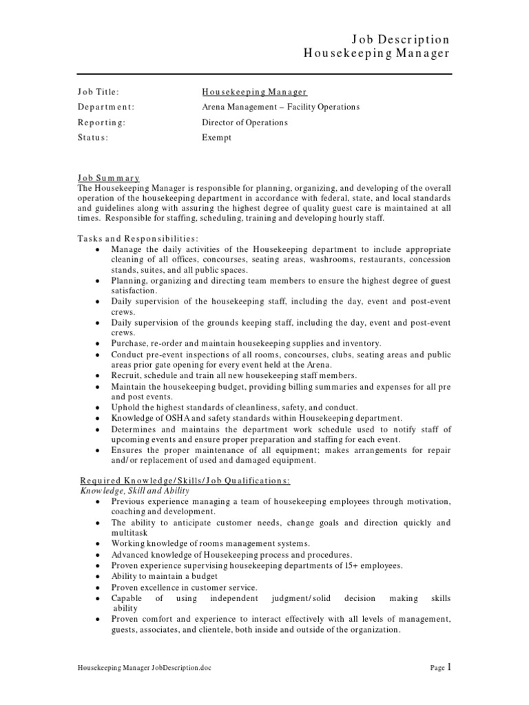Job Description - Housekeeping Manager PDF | PDF | Housekeeping | Business