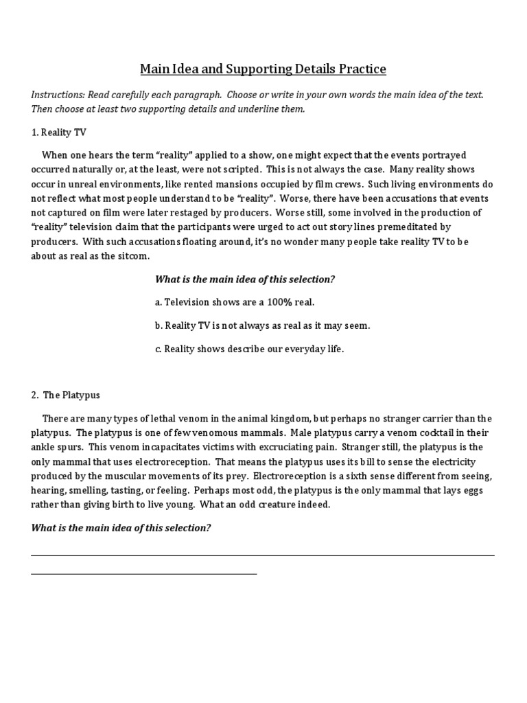 Main Idea and Supporting Details Practice Exercises | PDF