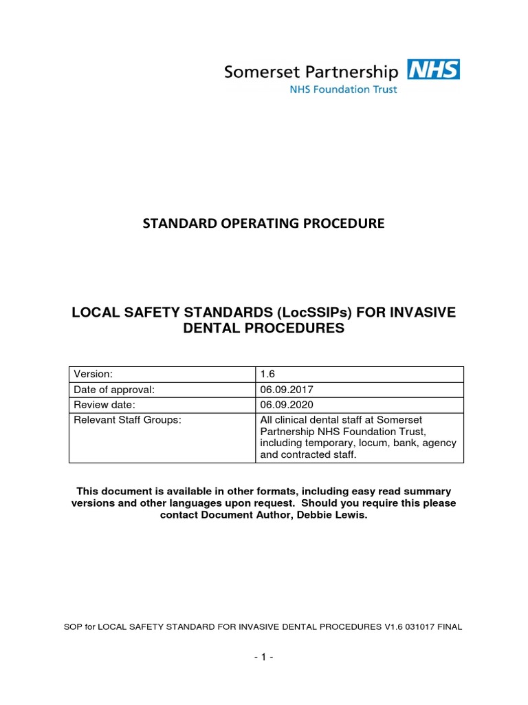 SOP LocSSIP Example Somerset NHS Trust | PDF | Dentistry | Surgery