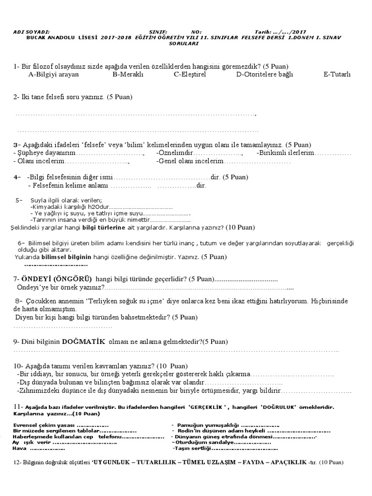 11 Sinif Felsefe 1 Donem 1 Yazili | PDF