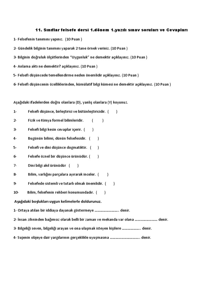 11 Sinif Felsefe 1 Donem 1 Yazili 2 | PDF