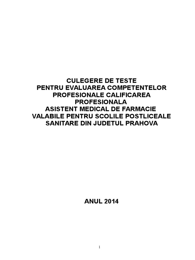 Culegere Teste Examen Asistent Farmacie PDF | PDF