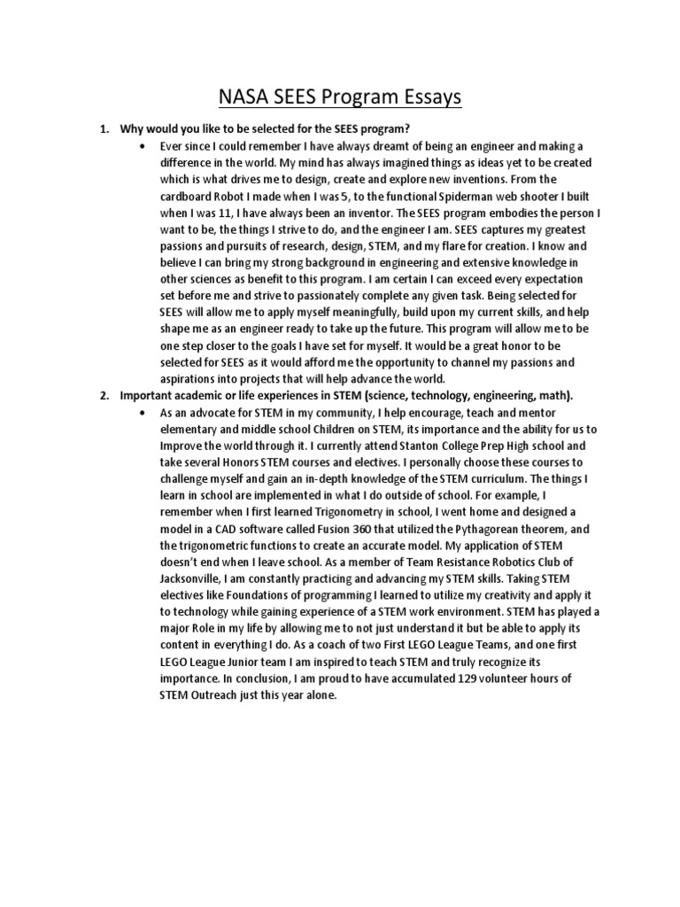 NASA SEES Program Application Essays | PDF | Science, Technology ...