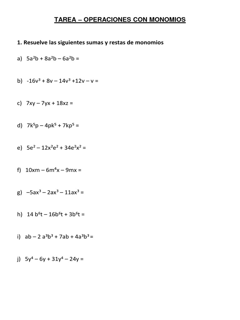 Operaciones Con Monomios PDF | PDF